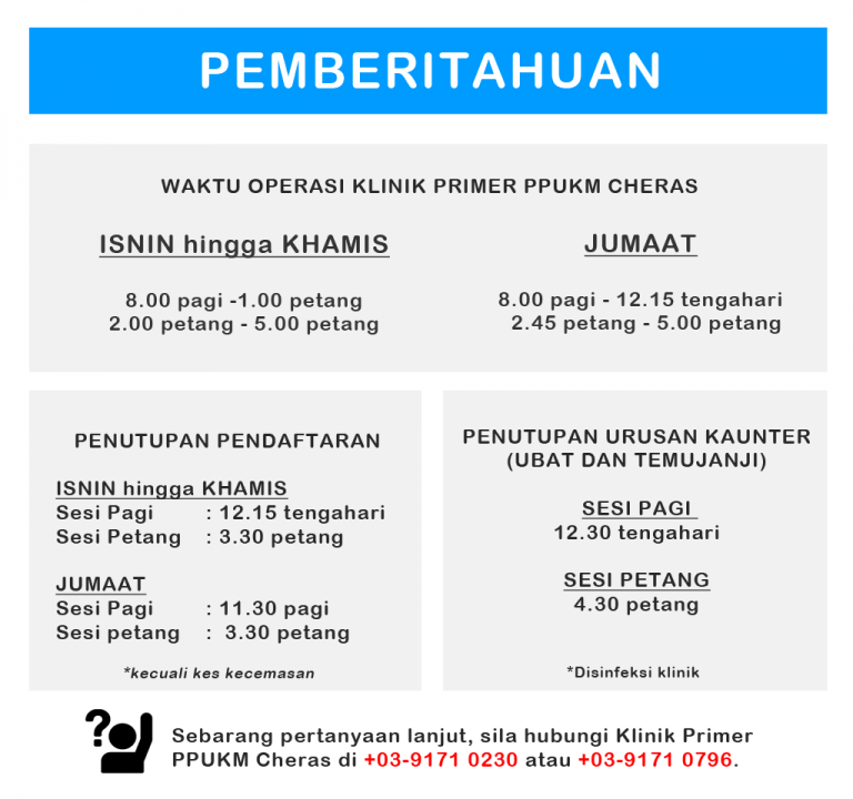 Waktu Operasi Klinik Primer PPUKM Cheras – HCTM